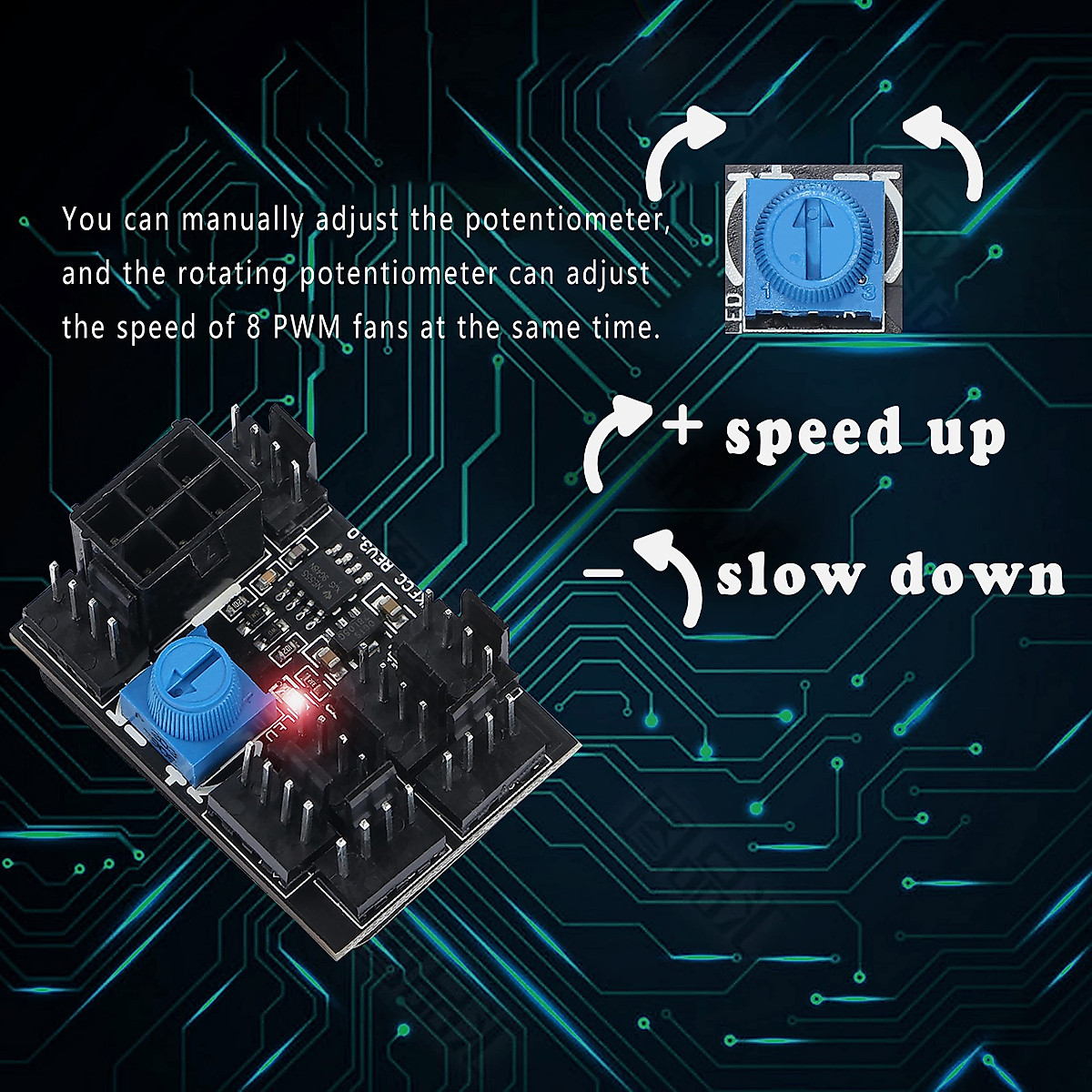MEIRIYFA 3 Pin 4 Pin Fan Adapter PWM PC Chassis Cooling Fan Hub 8 Way Splitter DC12V Speed Controller with 6 Pin Power Port,Chassis Fan Pressure Regulating Governor