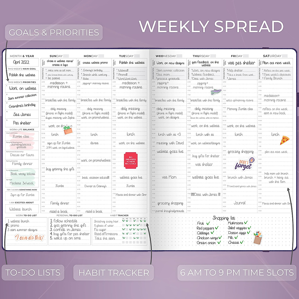 Clever Fox Hourly Planner PRO Premium – Undated Schedule Planner with Daily Time Slots – Personal Organizer Notebook for Time Management – Weekly & Monthly Life Journal, A4 size (Purple)