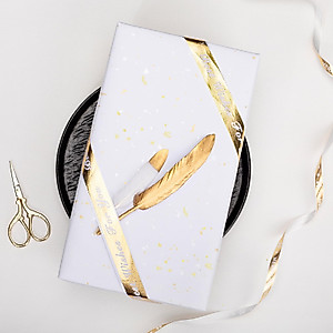 Flyhill Mini Roll Wrapping Paper-17inch*16.5ft（23.4sq.ft.ttl-White Gold Snowflake Foil Design with Smooth for Christmas,Birthday,Holiday,Wedding,Baby Shower