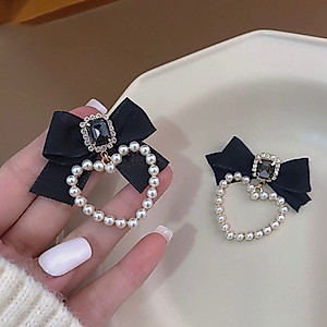 Channel V Vintage Heart Pearl Earrings Black Ribbon Bow Dangle Earrings Luxury Square Rhinestone Statement Love Pearl Jewelry Bow Tie Sparkly Party Sweet Wedding Bride Earrings Women
