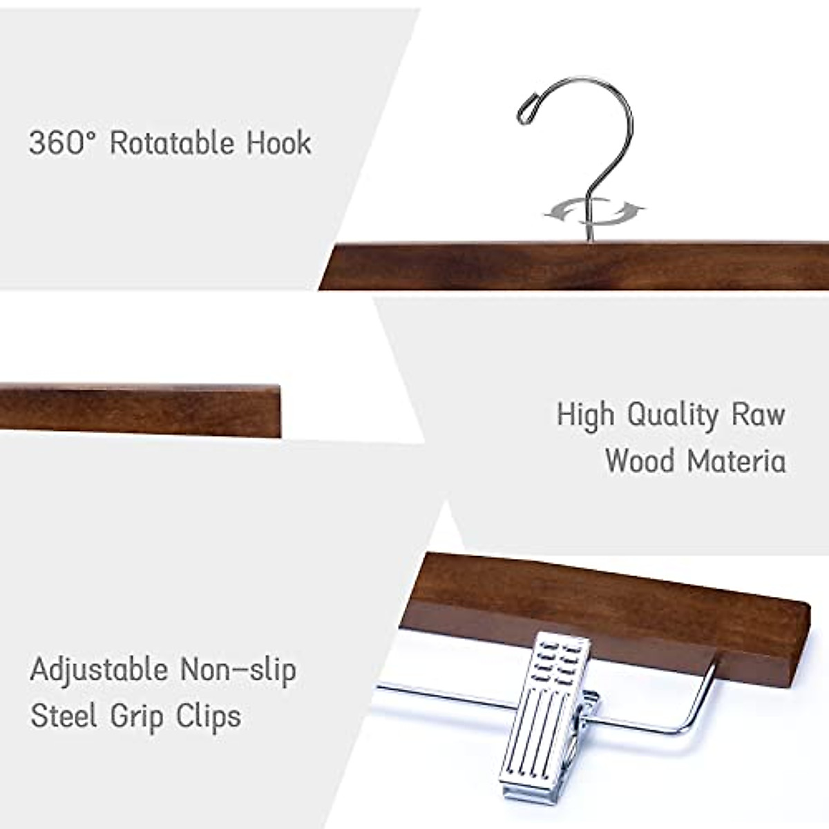 Nature-Smile Solid Lotus Wood Deluxe Wooden Pants Hangers Bottom Hanger Jeans Hanger Skirt Hanger with 2-Adjustable Clips Anti Rust Hook 20 Pack (Retro)