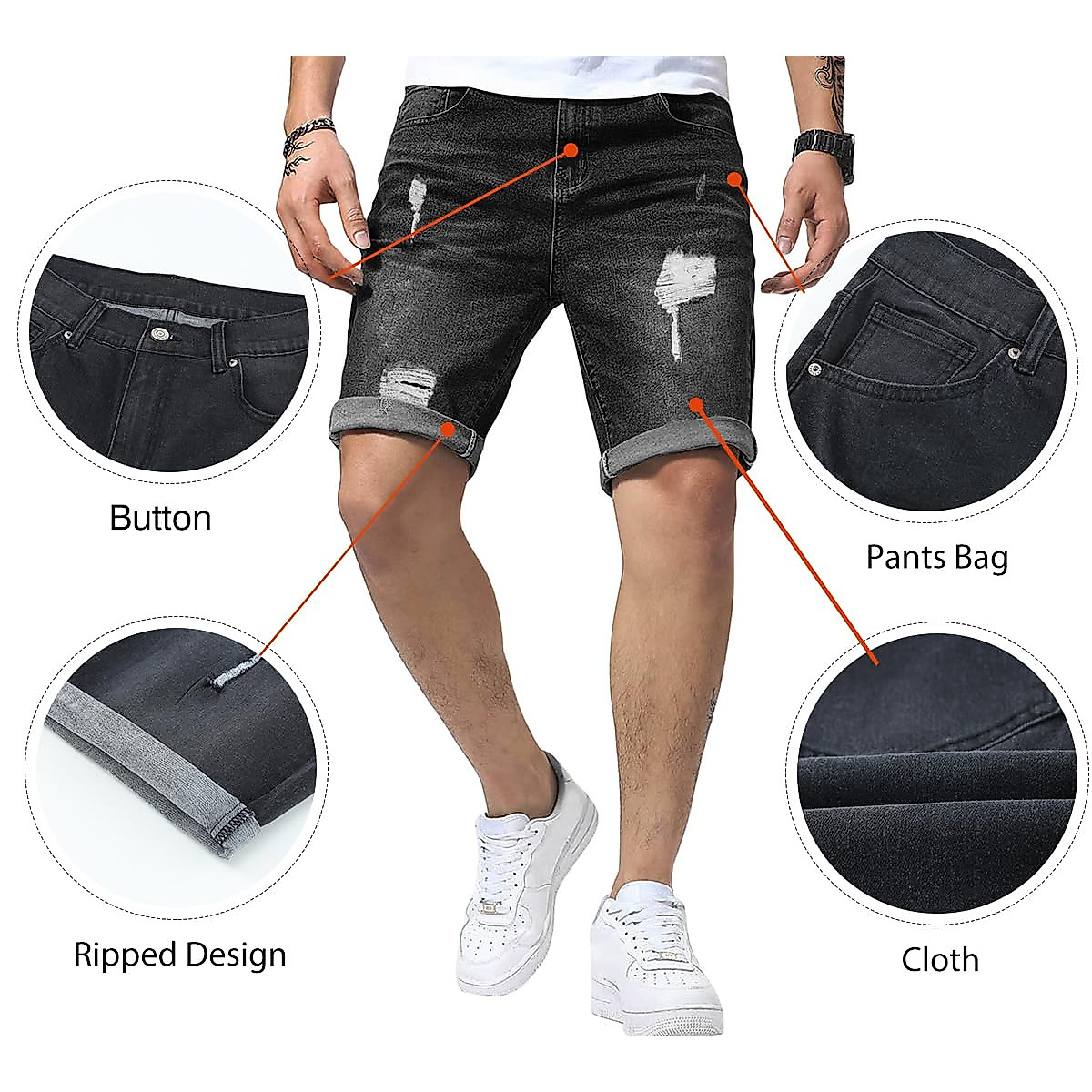 JMIERR Mens Shorts Casual Denim Stretch Slim Fit Washed Distressed Rolled Ripped Jean Shorts for Men US 36(L) Model B Black