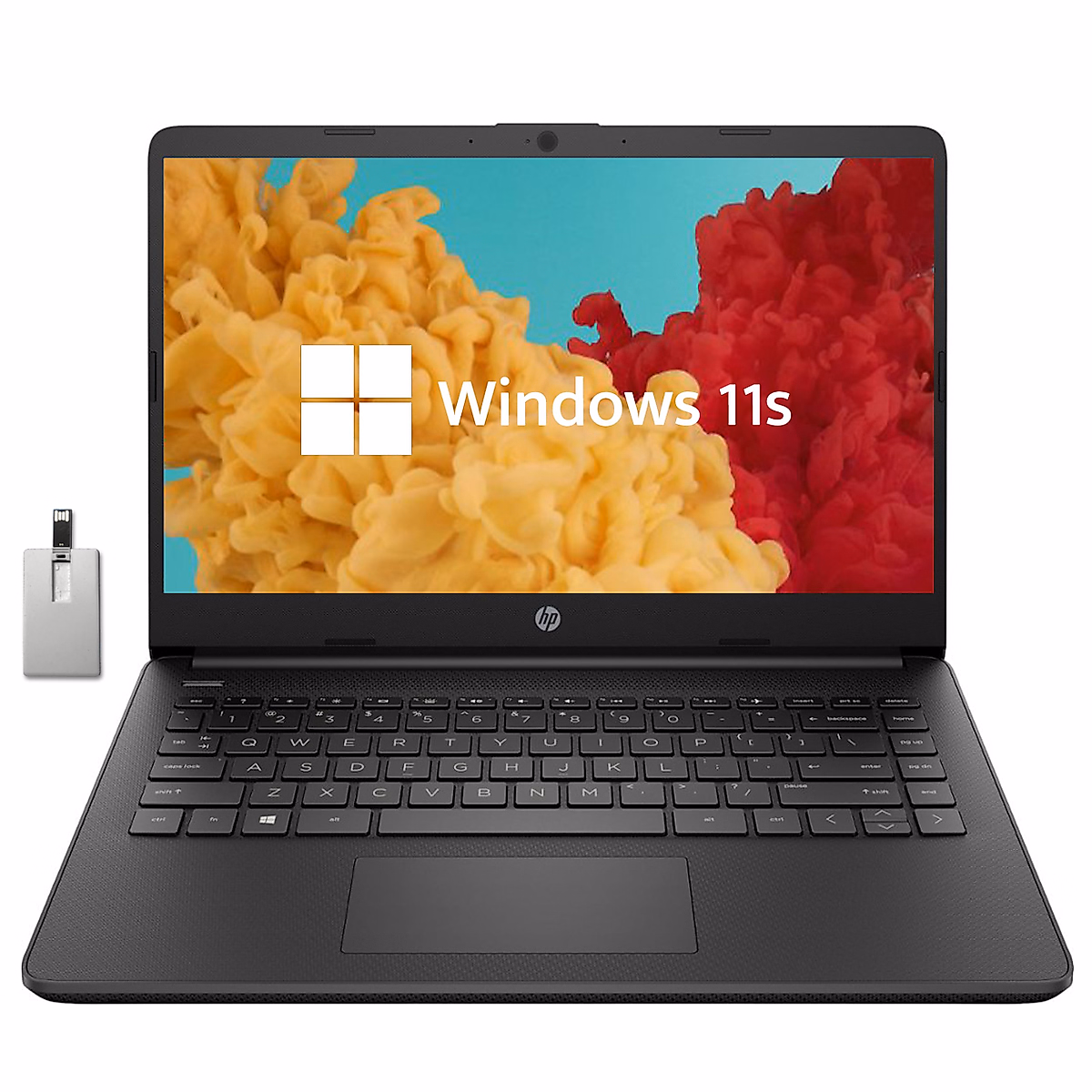 HP Stream 14" HD BrightView Laptop, Intel Celeron N4120, 16GB RAM, 64GB SSD, Intel HD Graphics, 720p Webcam, 1 year Office 365, Black, Win 11, 32GB Hotface USB Card