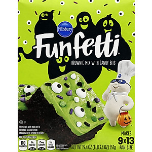 Pillsbury Funfetti Halloween Bundle, 1 of each Chocolate Slime Cake Mix, Slime Brownie Mix, Green Vanilla and Orange Vanilla Frosting with Sprinkles (Pack of 4) with By The Cup Spreader