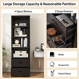 IFANNY 74" Tall Bookcase, Freestanding Open Bookshelf w/ 4 Open Shelves & 2 Drawers, Modern Display Shelf with Anti-Toppling Device, Wooden Book Shelf for Bedroom, Study, Living Room, Office