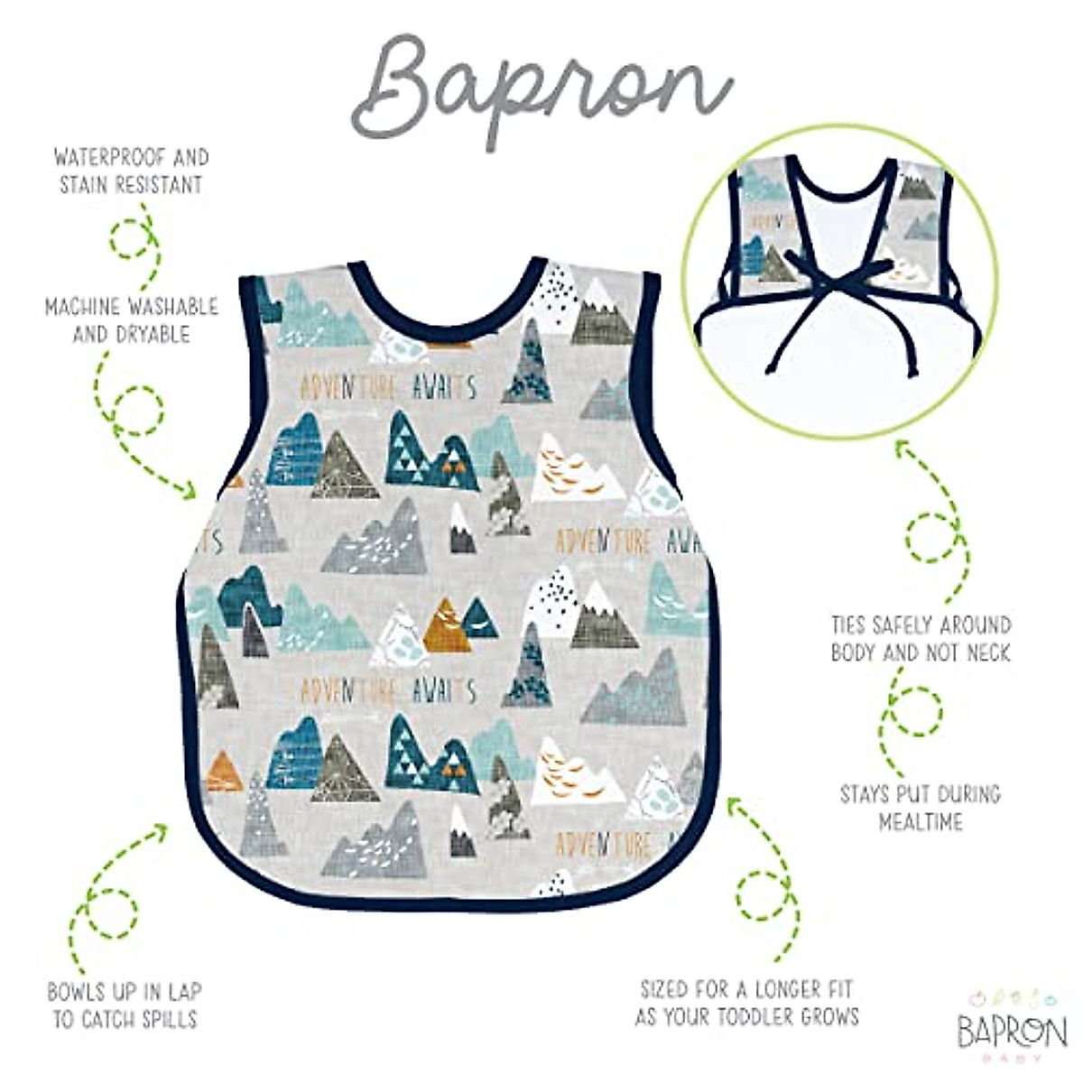 BapronBaby Adventure Awaits Bapron - No Neck Tie Safer Bib for Baby & Toddler - Soft Waterproof Stain Resistant - Machine Washable - Sz Baby/Toddler 6m-3T