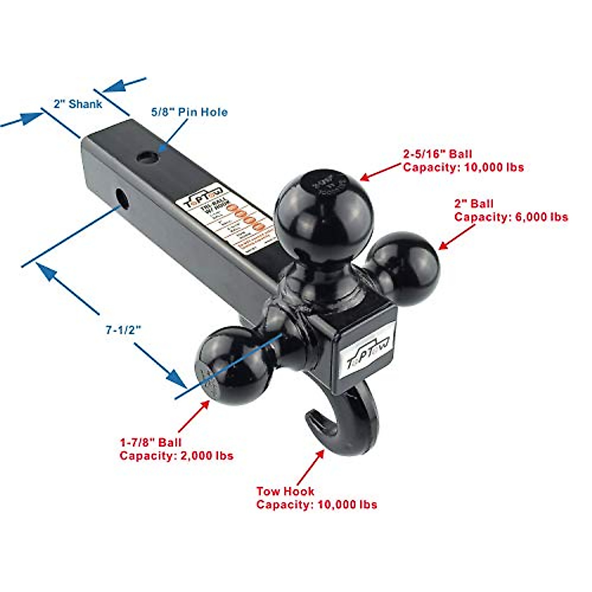 TOPTOW 64181HL Trailer Receiver Hitch Triple Ball Mount with Hook, Black Balls, with Black Dogbone Trailer Hitch Lock, Fits for 2 inch Receiver