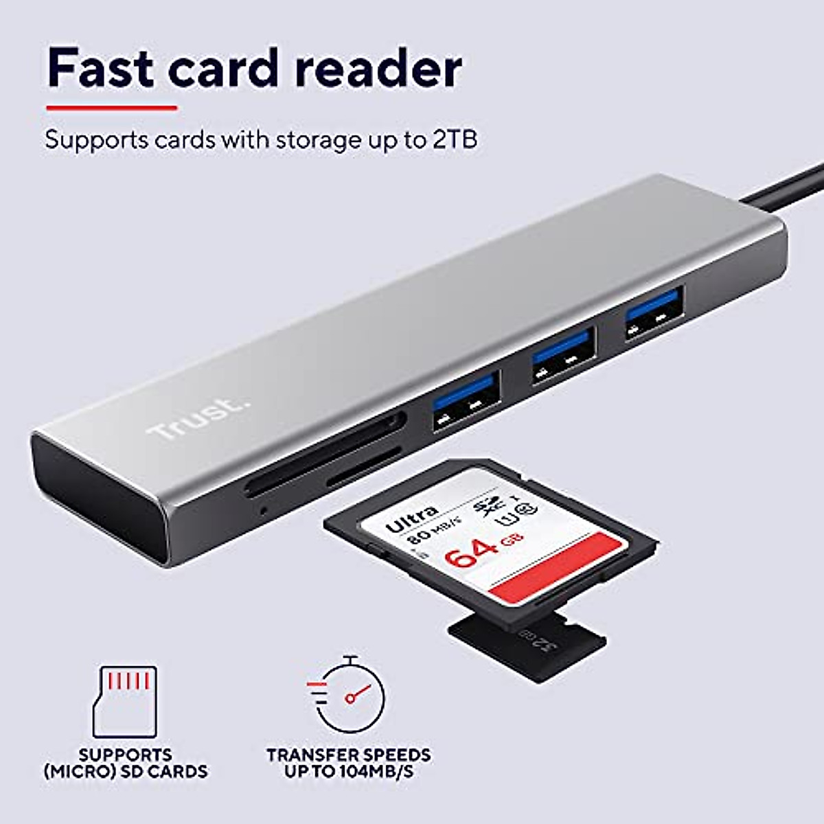Trust 24191 Halyx Fast USB-C Hub and Card Reader, 3 Extra Ports, 5Gbps with USB 3.2 Gen 1, SD and Micro-SD Card Reader 104 MB/s, (Micro) SD, SDHC and SDXC up to 2 TB