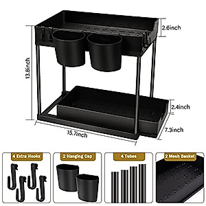 Under Sink Organizer,2 Tier Under-Sink Organizers with Pull Out Sliding Drawers 4 Hooks 2 Cups Black Under Sliding Cabinet Basket Organizer for Bathroom Kitchen