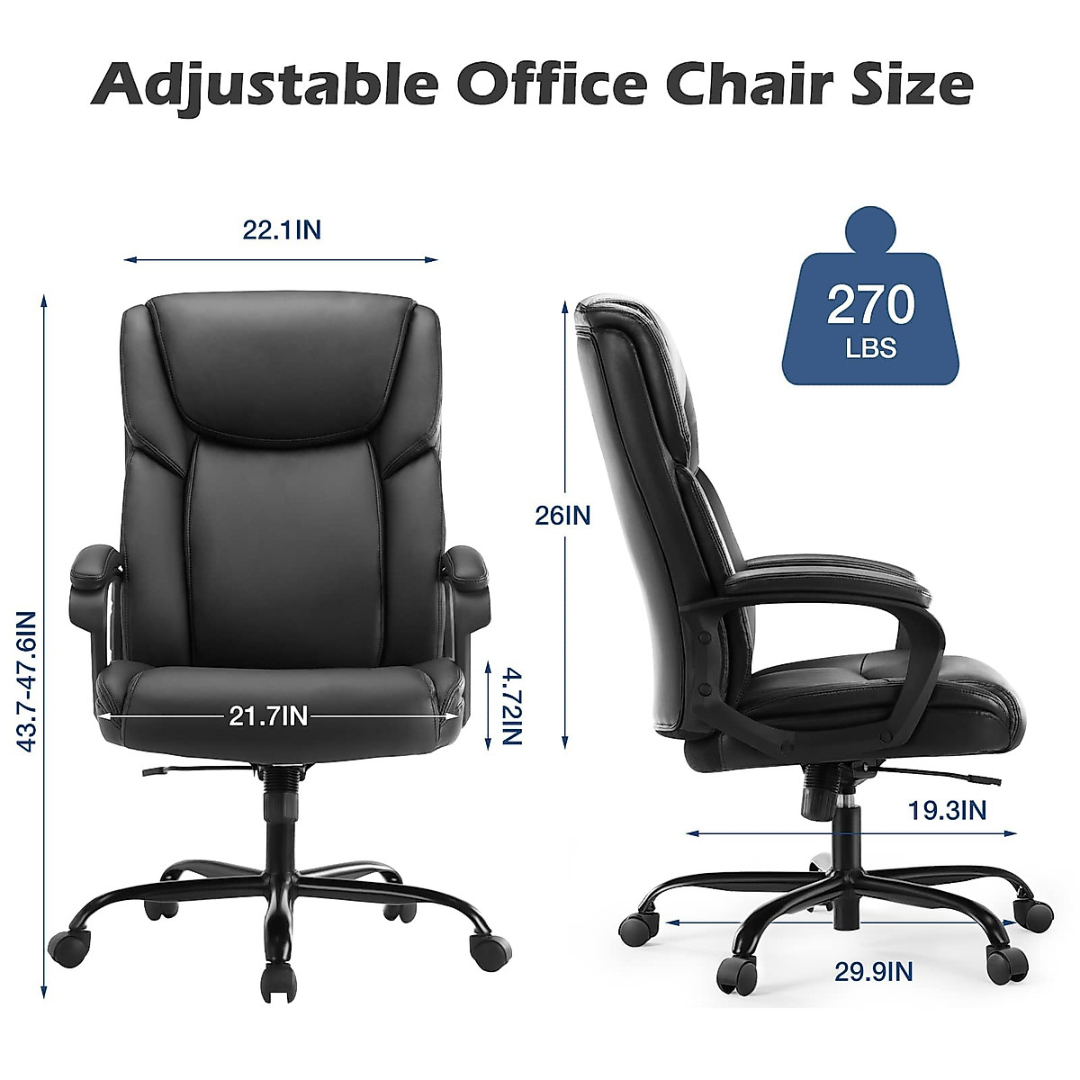 JHK Home Office Chair Ergonomic Executive Desk with 360°Swivel Wheels, PU Leather Computer with Lumbar Support, Height Adjustable with Armrest, Black