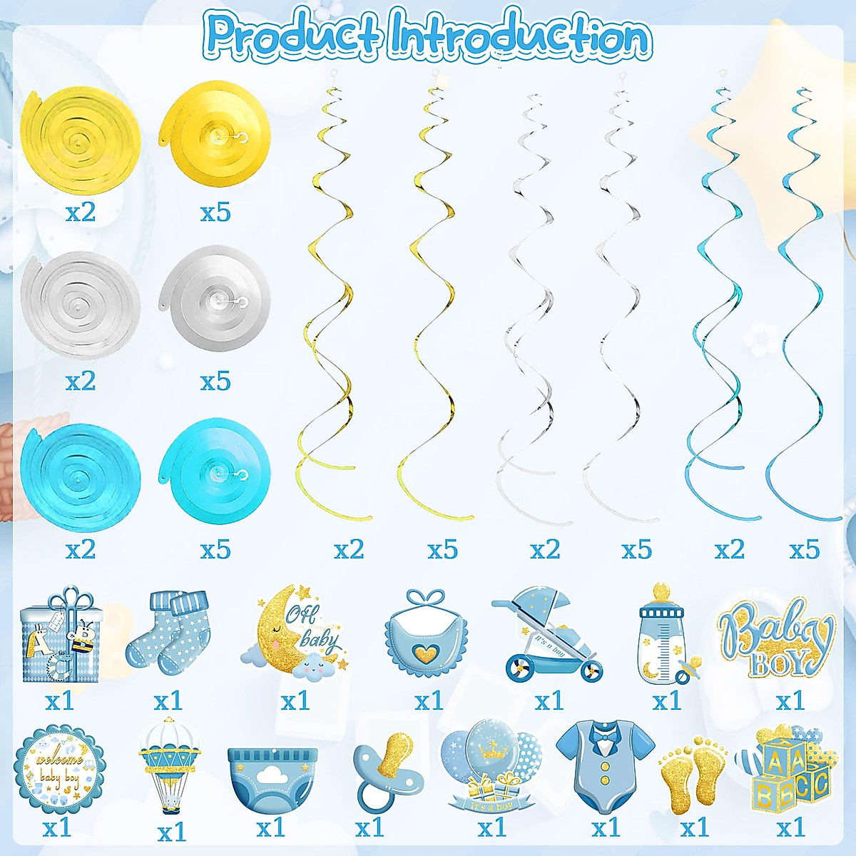 36pcs Blue Baby Shower Party Hanging Swirls Decor, It's A Boy Themes Party Supplies Boy Ceiling Hanging Streamers for Kids Gender Reveal Baby Shower Birthday Party Decorations
