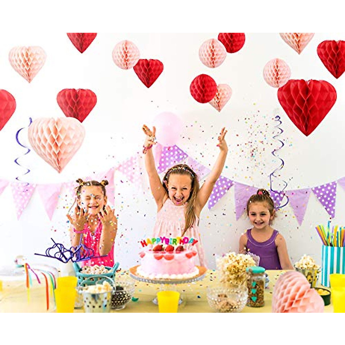 UNIQOOO 16 Pack Red Blush Pink Party Decoration Pom Pom | Heart & Ball Tissue Paper Honeycomb | Perfect for Party Decor, Wedding, Valentine's Day, Engagement, Bridal Shower, Baby Shower, Birthday