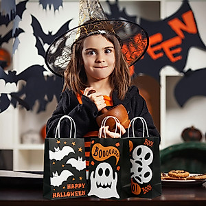 STEFORD Halloween Paper Treat Bags,24PCS Black Series Halloween Trick or Treat Candy Gift Goodies Tote Bags with Handle for Halloween Party Favors Supplies