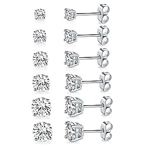 18K White Gold Plated 4 Pong Round Clear Cubic Zirconia Stud Earring Pack of 6 Pairs (6 Pairs)