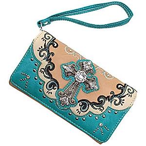 Zelris Western Silver Cross Turquoise Conceal Carry Women Tote Purse Wallet Set (Tan)