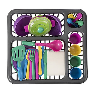 Big Mo’s Toys Pretend Play Dishes Playset – Little Chef Kitchen Set, Kids Cooking Serving Dishes - Play Cups, Pans, Cutlery, Ladle, Tableware, Pots and Dish Drainer, Set of 28