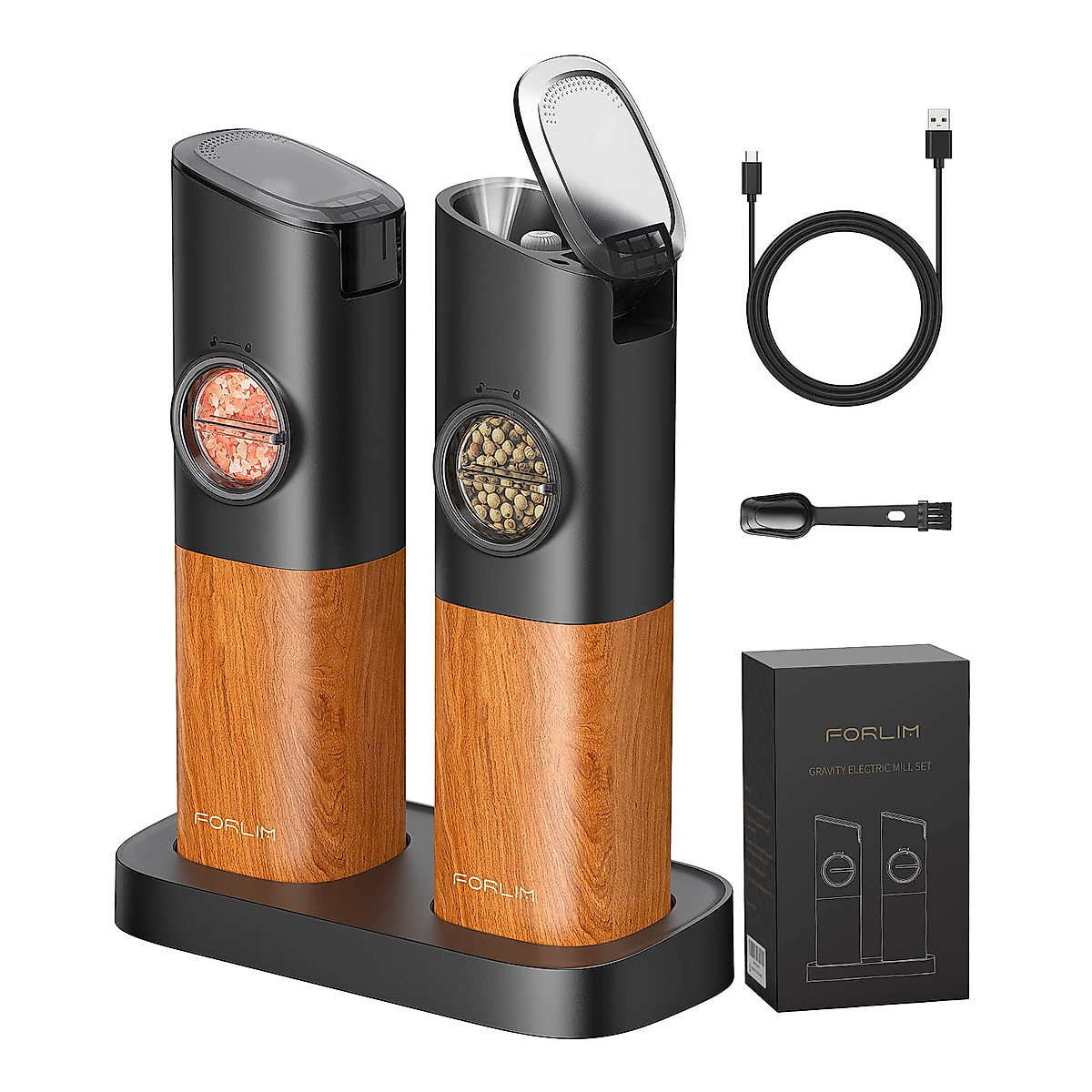 FORLIM Gravity Electric Salt and Pepper Grinder Set, Upgraded Large Capacity, USB Rechargeable Pepper grinder Automatic One Hand Operated, Adjustable Coarseness with LED Light（Natural Wood Grain）