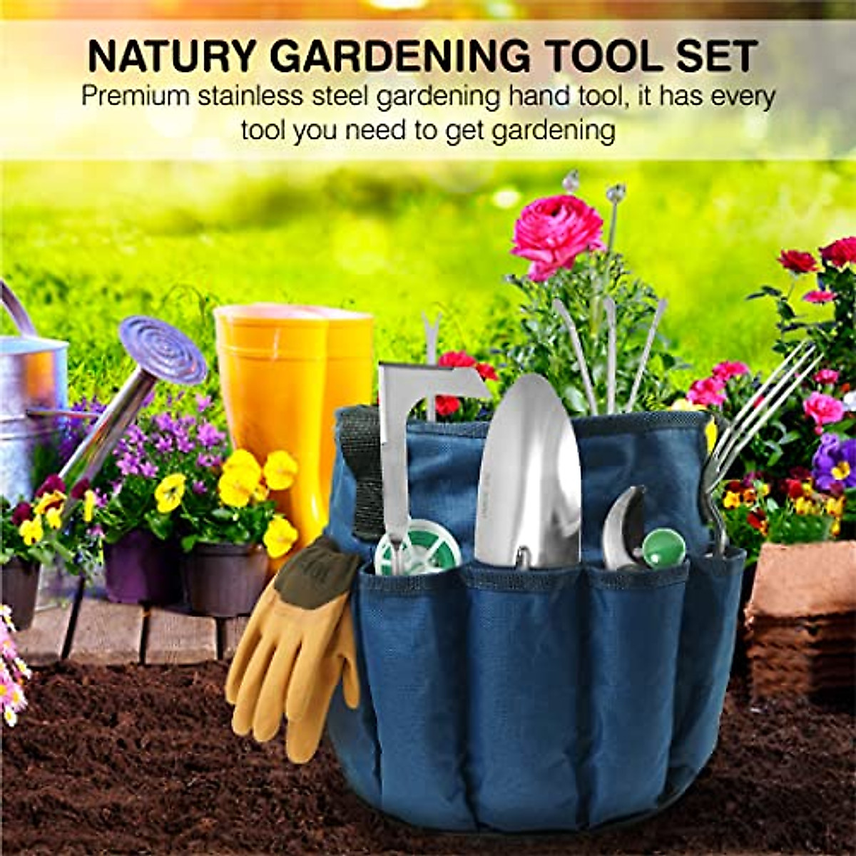 Natury Gardening Tool Set – Premium Stainless Steel Gardening Hand Tools with Solid Beechwood Handle – Gardening Kit with Rake, Shovel, Gloves, Shears, Tool Organizer – Garden Gifts for Women and Men