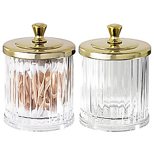 mDesign Fluted Bathroom Vanity Storage Organizer Canister Apothecary Jar for Cotton Swabs, Rounds, Balls, Makeup Sponges, Bath Salts - 2 Pack - Clear/Soft Brass