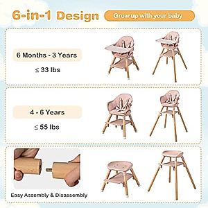 HONEY JOY Baby High Chair, 6 In 1 Convertible Wooden Highchair for Babies and Toddlers/Toddler Chair/Bar Stool, Removable Double Tray & Reversible Footrest, Safety Harness for Infant Boys Girls (Pink)