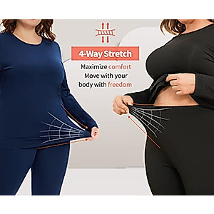 COOTRY Plus Size Thermal Underwear for Women Long Johns Fleece Lined Base Layer Top and Bottom Sets Set - Navy 2XL