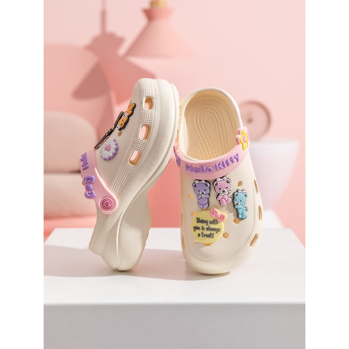 Everyday Delights Sanrio Hello Kitty Bears Clogs Slip on Water Shoes Casual Summer for Girls Kids Children - White XL Size