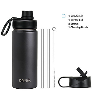 DRINCO Stainless Steel Water Bottle Spout Lid Vacuum Insulated Double Wall Water Bottle Wide Mouth (40oz 32oz 22oz 18oz 14oz) Leak Proof Keeps Cold or Hot (18 oz, 18oz Black)