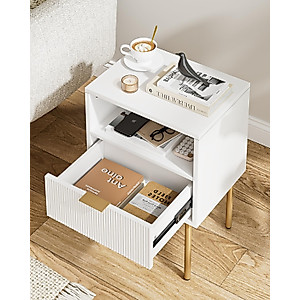 Aienvey Nightstand, Drawer Night Stand for Bedroom, Small Side Table with Drawer, Bedside Furniture, End Table with Gold Frame for Bedroom, Living Room (White Stripe, 1 Drawer)