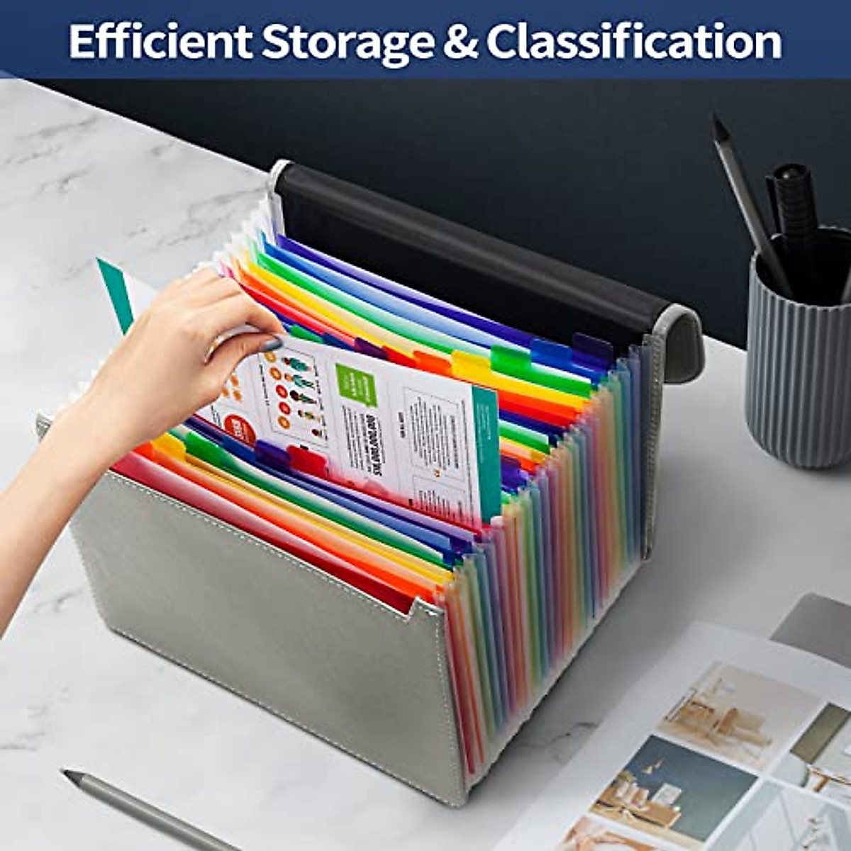 Sooez 24 Pockets Accordion File Organizer, Letter Size, Durable Leather Expanding File Folder, Paper Bill Tax Receipt Organizer, Large Capacity Document Holder with Blank Labels, Light Gray