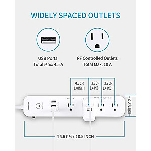 Syantek Remote Control Power Strip with 3 USB Ports, 3 RF Controlled Outlets, 5 FT/1.5 Meter Long Extension Cord, White Power Strip, 10A/1250W for Household and Workstation Appliances