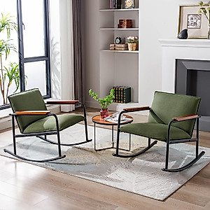 DUOMAY Modern Accent Rocking Chair, Mid Century Upholstered Glider Rocker Armchair with Metal Base Linen Fabric Nursery Glider Chair with Wooden Grips for Living Room Bedroom, Green