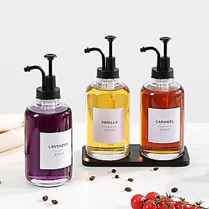 Glass Coffee Syrup Dispenser for Coffee Bar Accessories with 84 Labels (Set of 2), Syrup Pump Bottle for Coffee Bar , 16.9 oz, Matte Black