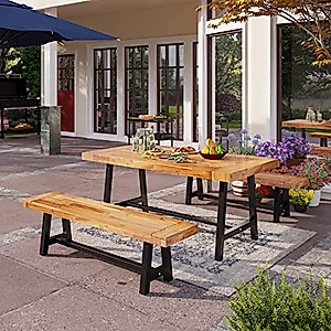 PHI VILLA Outdoor Table Bench Set of 3, 1 Wood Dining Table & 2 Wooden Benches, Premium Acacia Wood Patio Furniture Set for Porch Balcony Deck, Teak Color