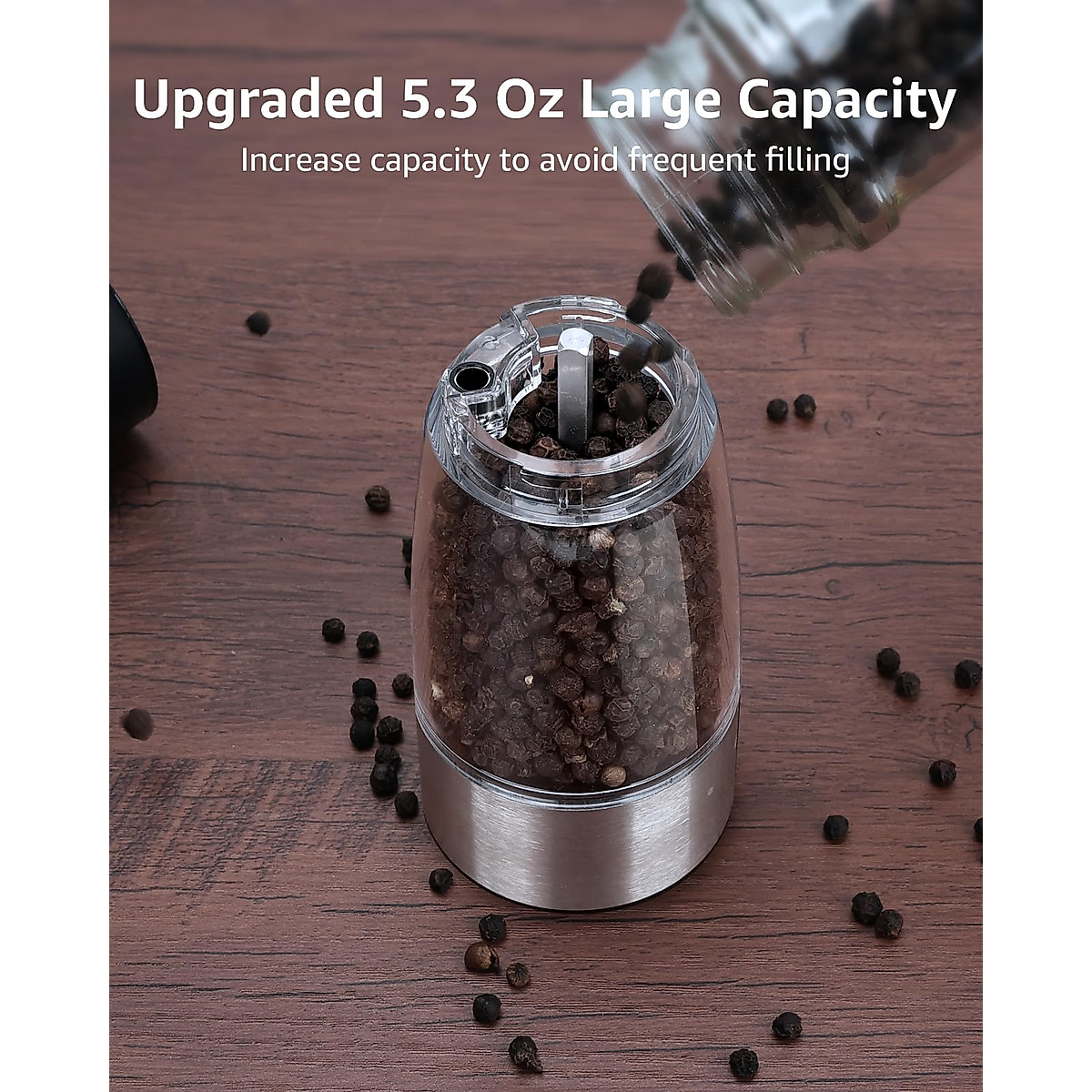 Electric Salt and Pepper Grinder Set, Large Capacity 5.3oz Salt and Pepper Grinder Set with Adjustable Coarseness, Rechargeable Stainless Steel Electric Pepper Grinder with Elegant Storage Base