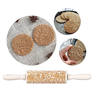 Wooden Embossing Rolling Pins with Designs for Baking, Engraved Rolling Pin with Pattern, Fondant Roller Snowflakes Christmas 3D