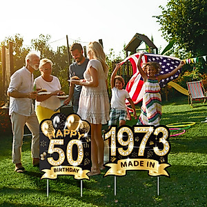 2Pcs 50th Birthday Yard Sign Decorations with Stakes, Large Size 16'' Black Gold Happy 50th Birthday Made in 1973 Waterproof Outdoor Lawn Signs Decor for Men Women Birthday Party Supplies