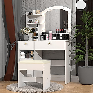 MISHAO Vanity Desk Set w/Mirror & Lights, 37" Makeup Vanity Table w/Chair & Power Outlet, Storage Drawers & Open Shelves, 3 Color Modes & Adjustable Brightness Dressing Table for Bedroom, White