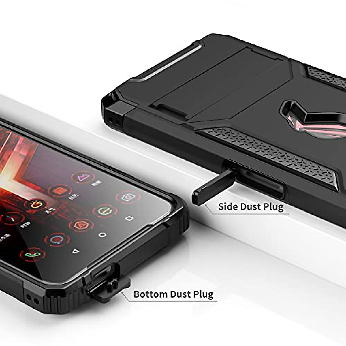 Fanbiya Armor Case for ASUS ROG Phone 2 Cover - TPU Case with Built in Camera Protector, Kickstand and Dust Cover for Charging Port and Cooler Port (Black)