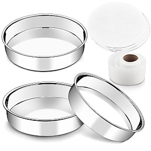 TeamFar 8 Inch Cake Pan Set of 3, Round Cake Pan Stainless Steel Round Baking Pan with 90 Pcs Round Parchment Papers & Parchment Paper Side Liner Roll(1.85 Inch × 111.5Ft), Healthy & Dishwasher Safe