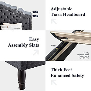 Allewie Queen Bed Frame with Adjustable Tiara Headboard, Fabric Upholstered Diamond Button Tufted Platform Bed, Wood Slats Support, No Box Spring Needed, Mattress Foundation, Easy Assembly, Dark Grey