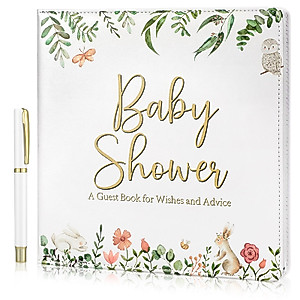 Engrowtic Floral Baby Shower Leather Guest Book with Pen 112 Pages Thanksgiving Day Guestbook Baby Shower Sign in Guest Book with Birth Date Baby Name Wishes Advice Gift for Parents