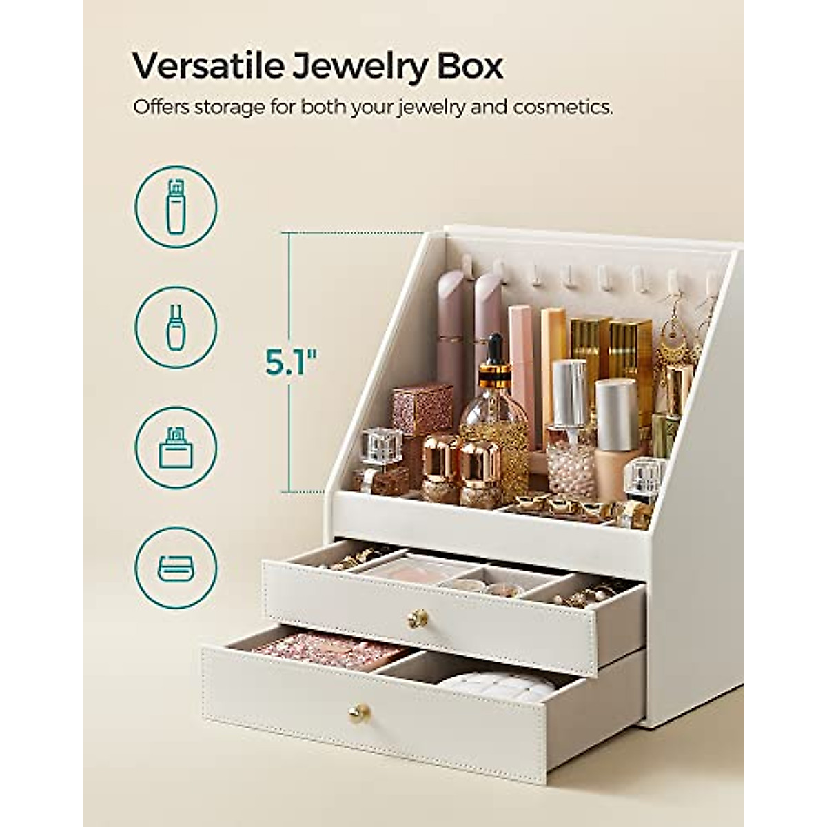 SONGMICS Jewelry Box with Slanted Glass Window, 3-Layer Jewelry Organizer, 2 Drawers, Jewelry Storage, Modern Style, Window Display, Cloud White UJBC163W01
