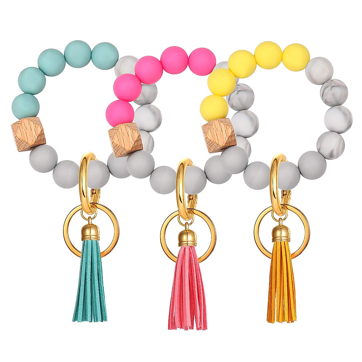 HZEYN 3 PACK Silicone Bead Keyring Bracelet Wristlet Keychain Tassel Stretch Key Ring Bangle Bracelet Office House Door Car Key Ring Holder