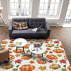 Boho Pumpkin Area Runner Rug Carpet 5'x7',Outdoor Indoor Kitchen Living Room Bathroom Bedroom Washable Bath Rug,Doormat Desk Welcome Floor Door Mat,Thanksgiving Harvest Autumn Fall Leaves Beige