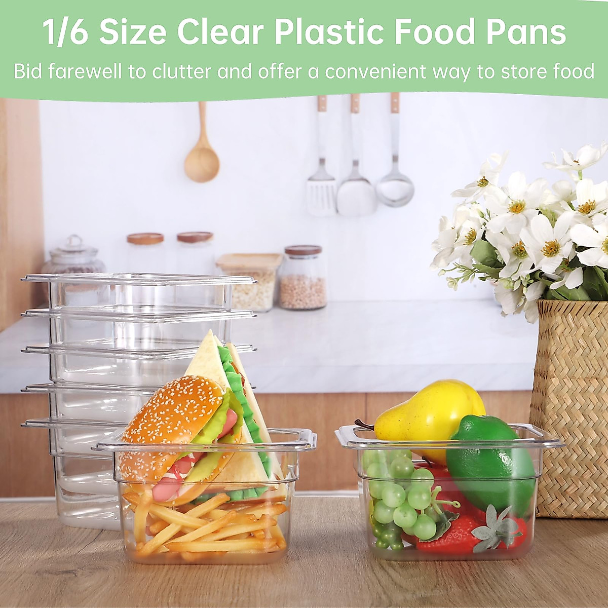 Lnrueg 12 PCS Plastic Clear Food Pans with Non-slip Bottom, 1/6 Size 4 Inch Deep Stackable Acrylic Deep Food Storage Pan for Fruits, Vegetables, Desserts,6.9''x6.3''x4''