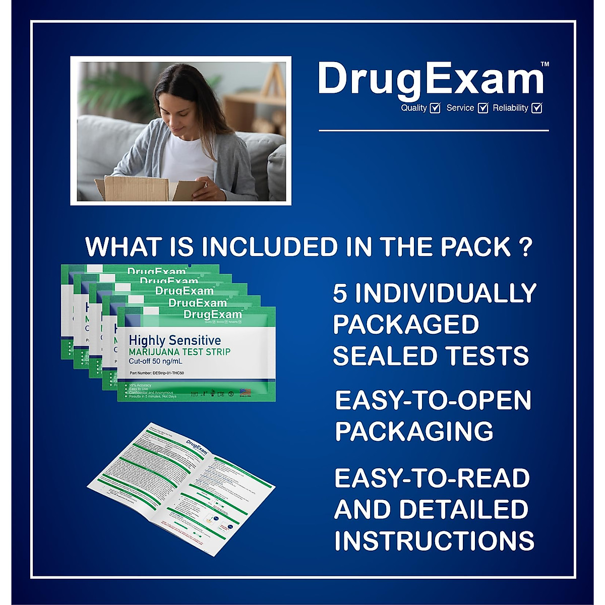 5 Pack - DrugExam Made in USA Highly Sensitive Marijuana THC Testing Drug Test Strip Kit - Drug Test with 50 ng/mL Cutoff Level for Detecting Any Form of THC in Urine up to 35 Days. Urine Test Strips