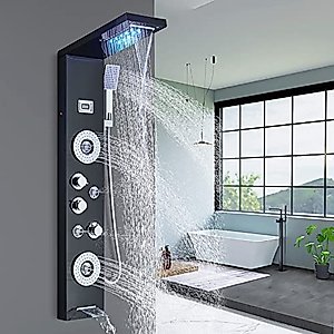 FCOTEEU Multi-Function Shower Panel with Temperature Display,LED Rainfall Waterfall Shower Head 2 Rain Massage Jets and 2 Mist Spray Shower Panel Tower System,Black