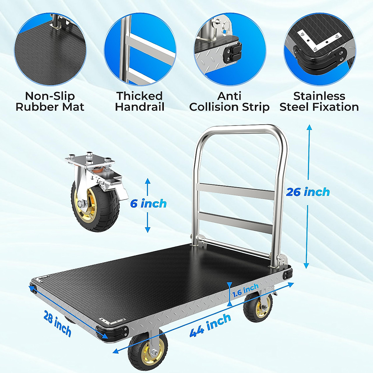 PHEXOD Extra Large Platform Truck Cart, 44 x 28 Dolly Cart Heavy Duty Push Cart Dolly with 2500 LBS Capacity, Foldable Flat Cart Hand Trucks with Non-Slip Mat and 6" Swivel Brake Wheels