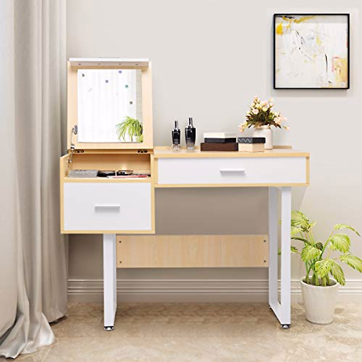 CHARMAID Makeup Table Writing Desk with Flip Top Mirror, Vanity Table with 5 Storage Compartments, Dressing Table Computer Laptop Desk with 2 Large Drawers for Students Girls Women