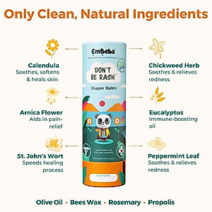 EmBeba Natural Diaper Rash Cream for Baby with Sensitive Skin | Travel Friendly Baby Rash Ointment with Built-in Diaper Balm Stick Roll-On Applicator, All Over Herbal Skin Care, 1 Pack